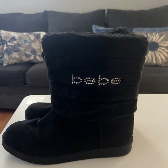 bebe | Shoes | Bebe Black Crystal Faux Fur Logo Boots | Poshmark